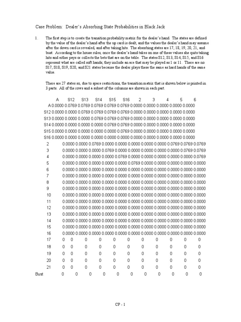 Case Problem Dealer's Absorbing State Probabilities in Black Jack | PDF ...