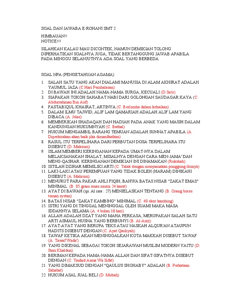 Soal E-Rohani Semester 2 NPA | PDF