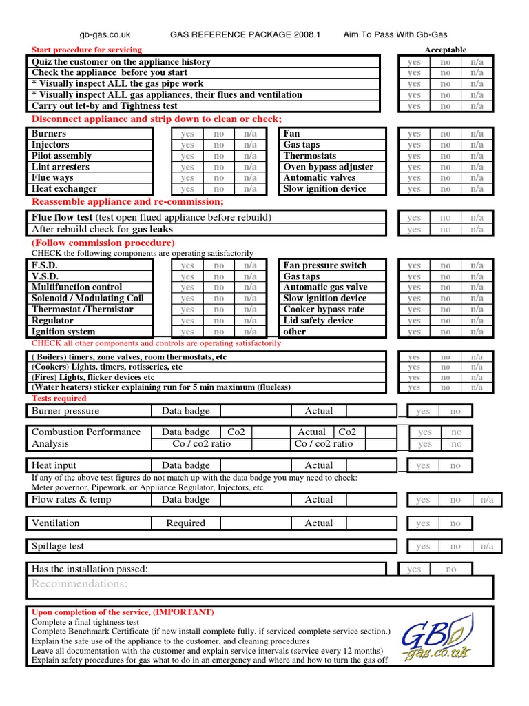 Gas Boiler Commissioning Checklist | PDF | Thermostat | Combustion