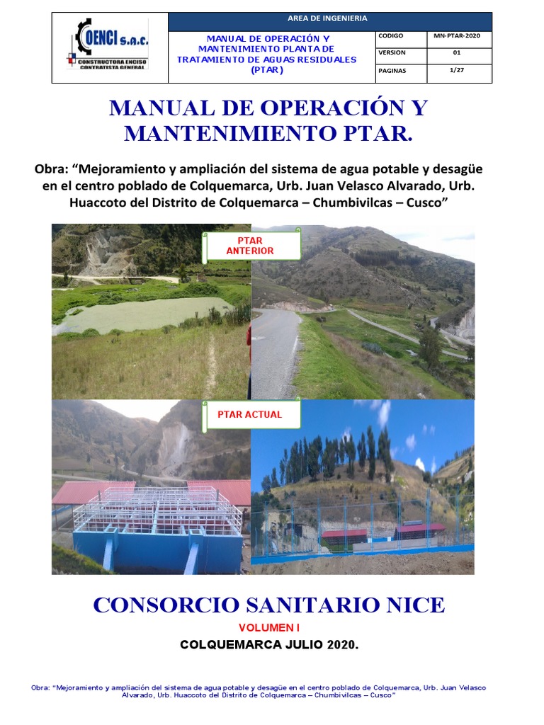 Manual operación PTAR Colquemarca | PDF | Aguas residuales | Tratamiento de aguas residuales