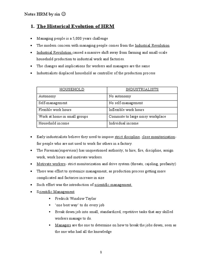 The Historica L Evolution of HRM: Notes HRM by Rin | PDF | Human ...