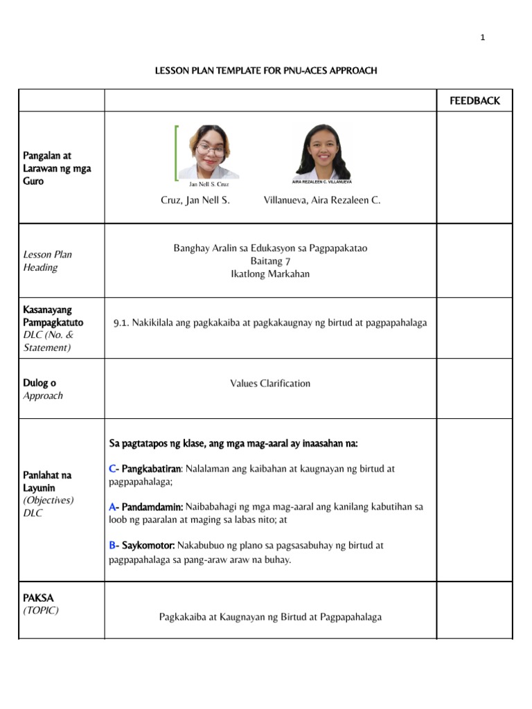 Lesson Plan Template For Pnu-Aces Approach | PDF