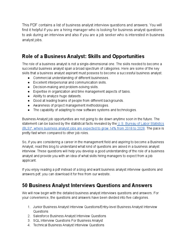 50 Business Analyst Interview Questions and Answers | PDF | Database ...