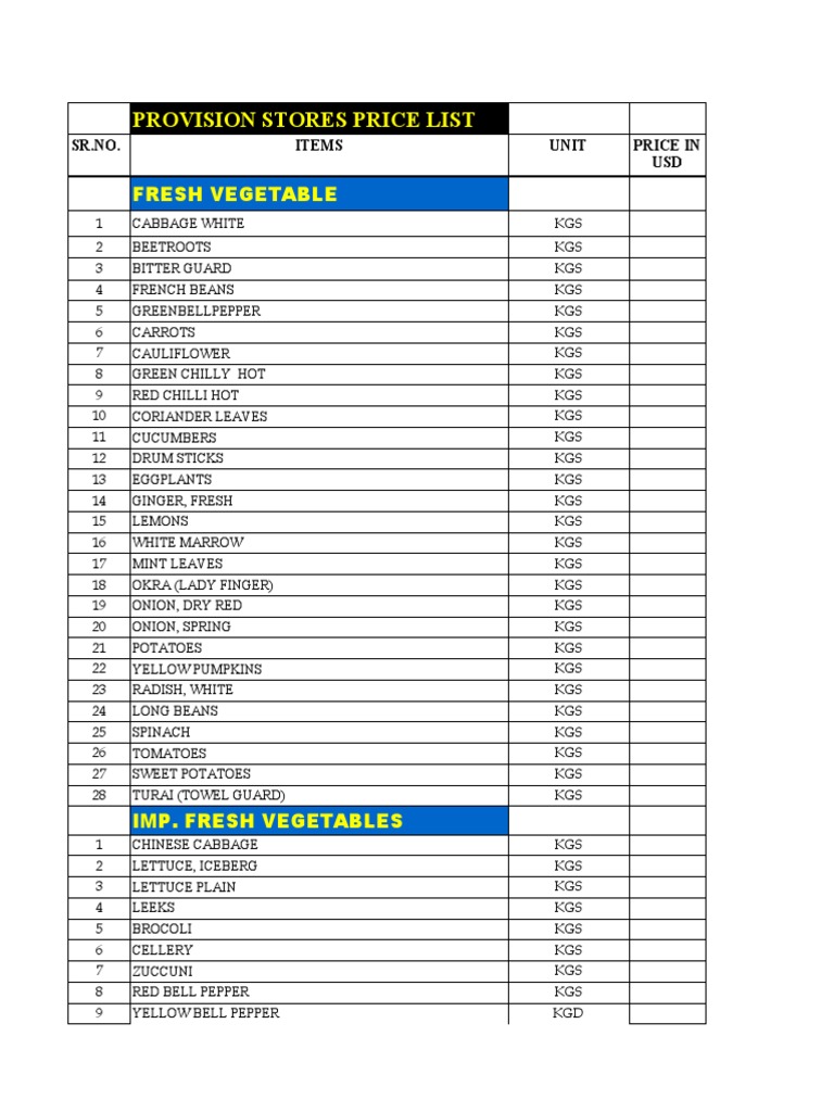 Provision Stores Price List: Fresh Vegetable | PDF | Pork | Pickling