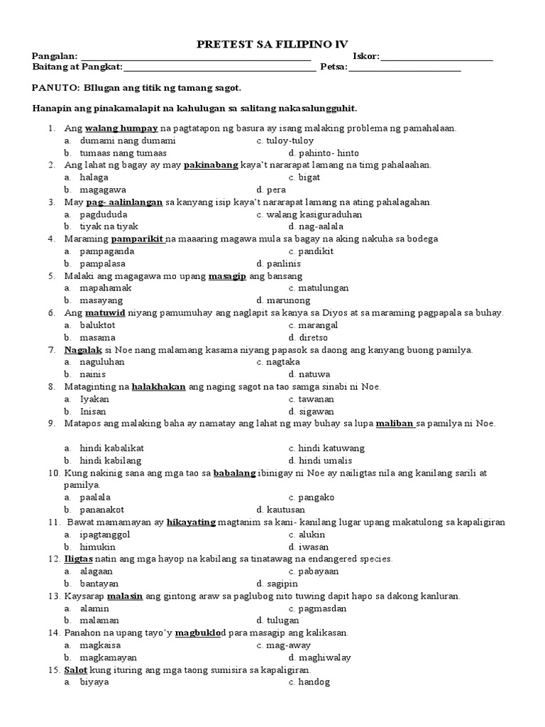 Pre - Test Filipino 5 | PDF