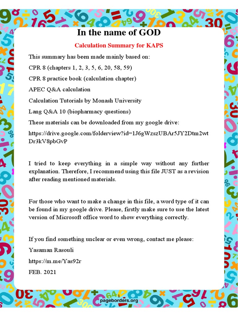 In The Name of GOD: Calculation Summary For KAPS | PDF | Litre | Ounce
