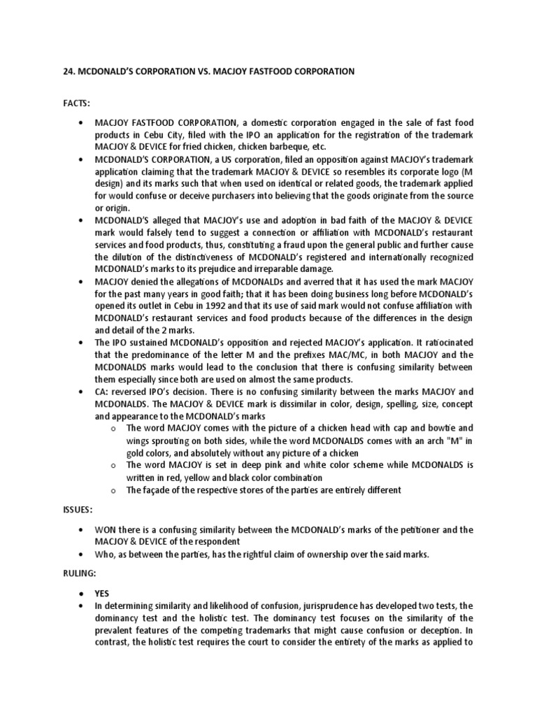 Mcdonalds Corporation vs. Macjoy Fastfood Corporation | PDF | Trademark ...