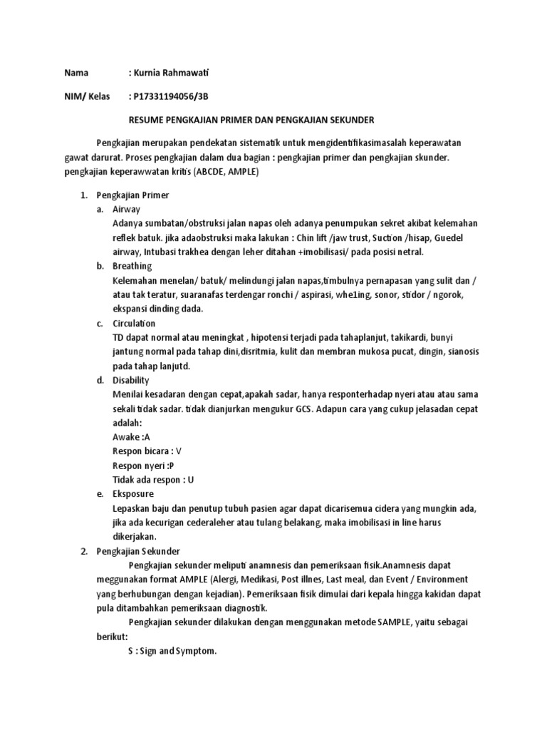 Kurnia Rahmawati Resume Pengkajian Primer Sekunder | PDF | Kesehatan Holistik | Sains & Matematika