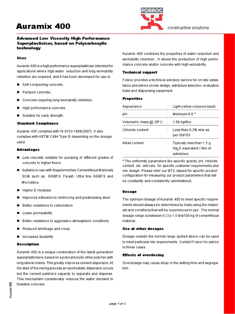 Auramix 400: Advanced Low Viscosity High Performance Superplasticiser ...