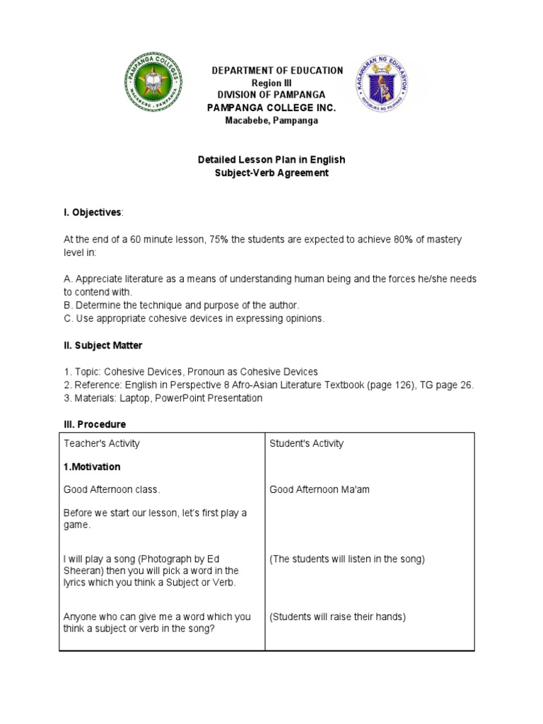 Detailed Lesson Plan in English (Subject Verb Agreement) by Group 8 ...