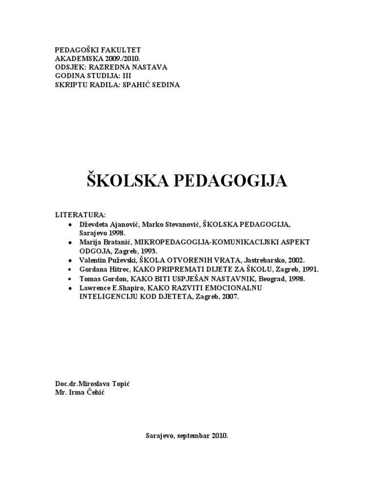 Dokumen - Tips Skolska Pedagogija Skripta | PDF