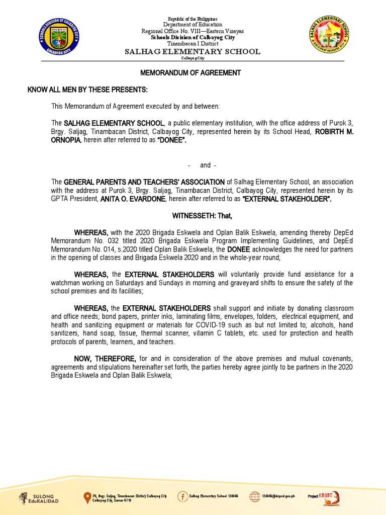 Memorandum of Agreement - MOA TEMPLATE | PDF