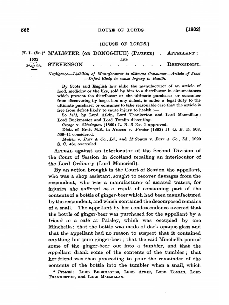 Donoghue V Stevenson (1932) AC 652 | PDF