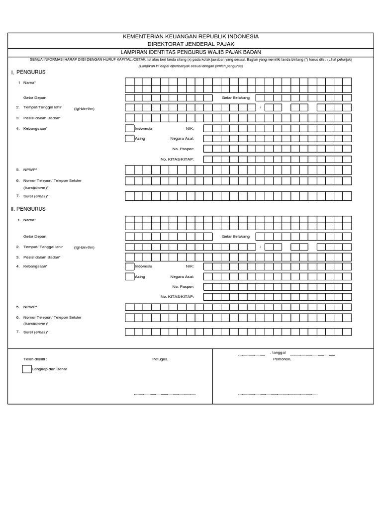 (NPWP) Formulir Lampiran Identitas Pengurus WP Badan PT Mega Global Sejahtera | PDF