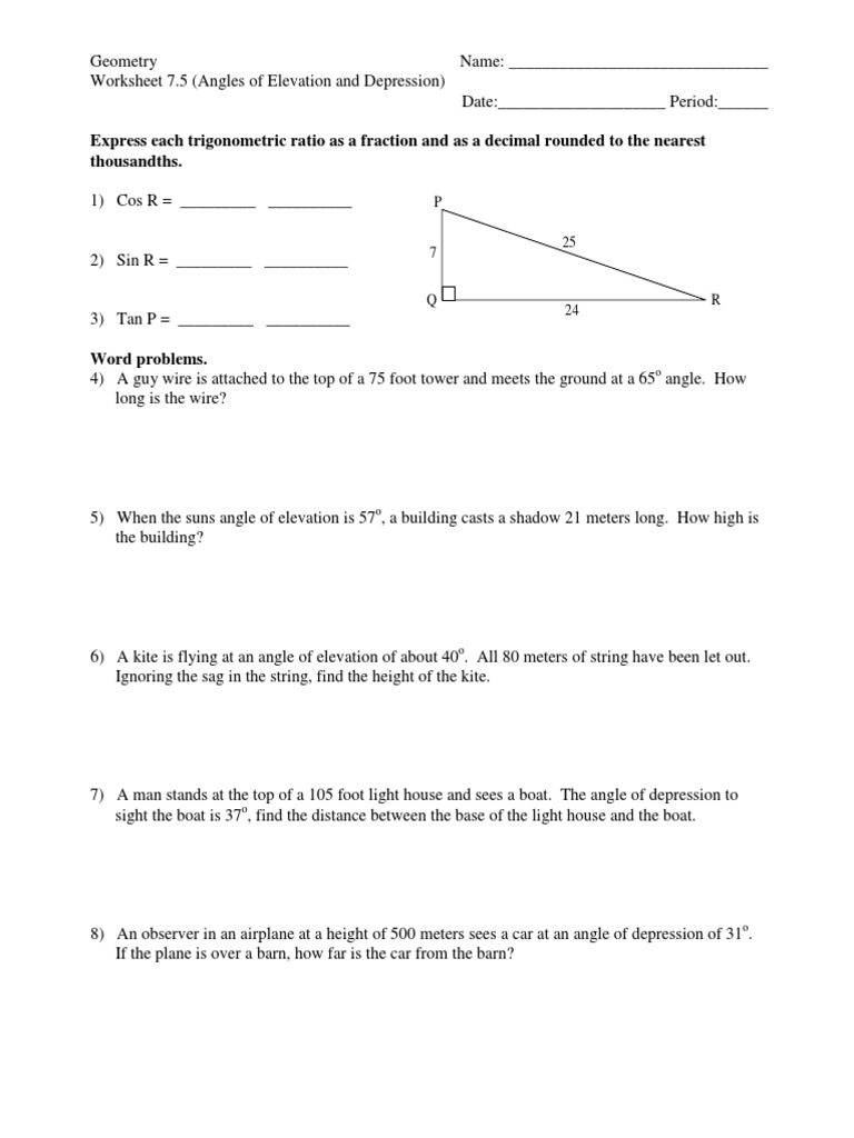 Geometry Worksheet 7-5 - Angles of Elevation and Depression | PDF ...