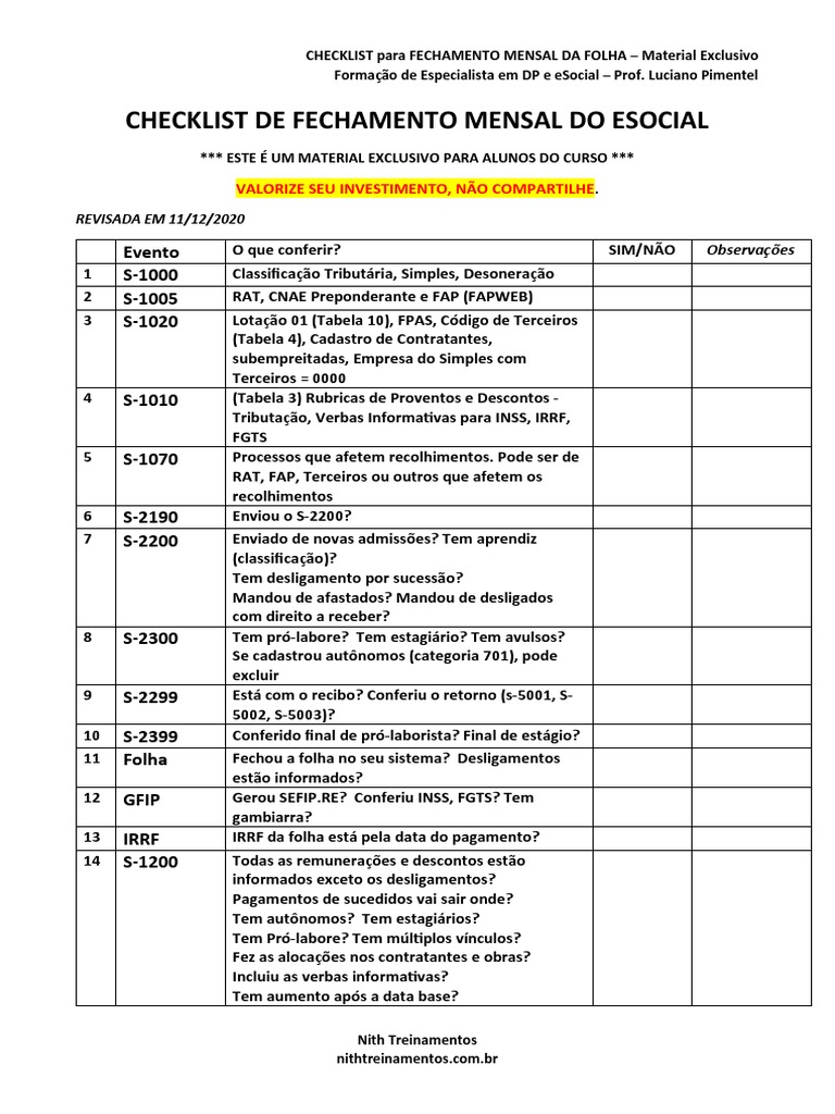 Checklist de Fechamento Mensal Do Esocial: Evento S-1000 S-1005 S-1020 ...