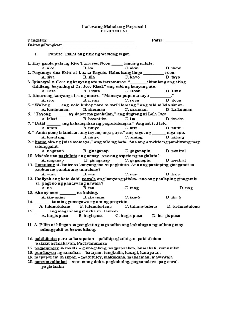 2nd Quarter Exam Grade 6 Filipino Sample Only | PDF