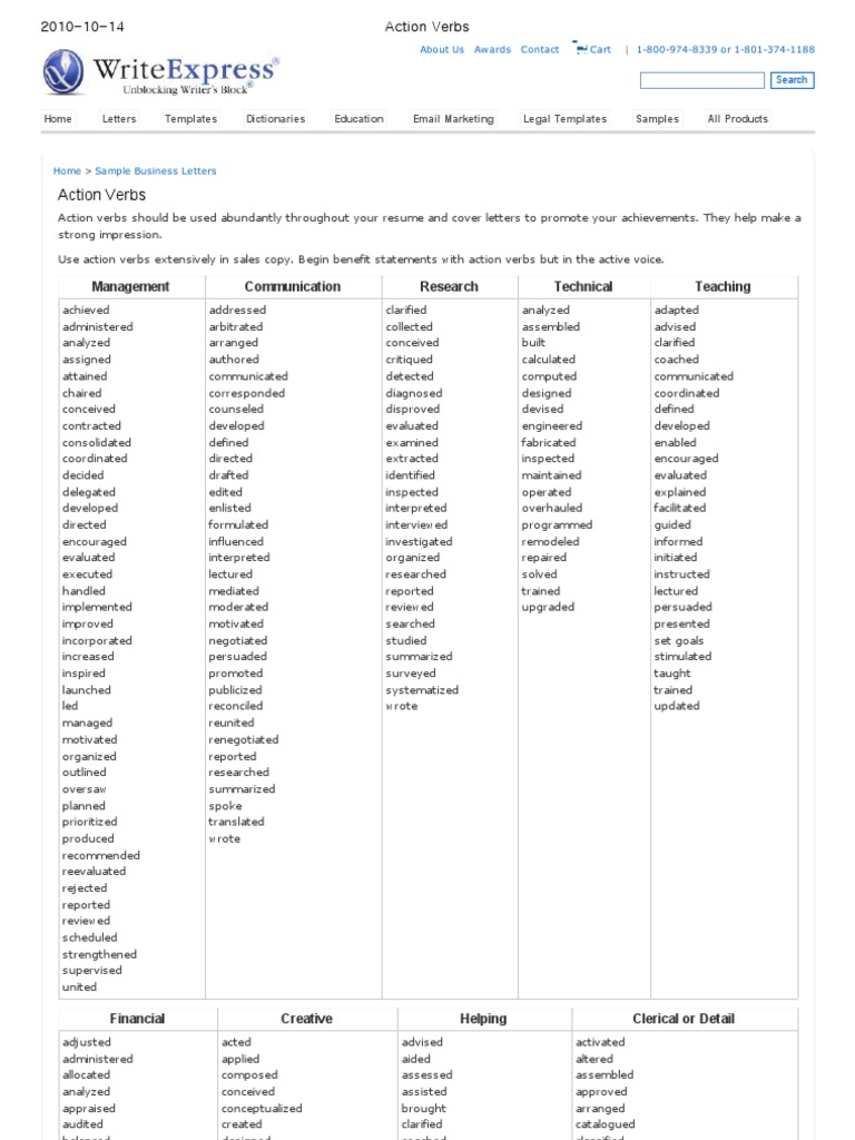 Action Verbs: Management Communication Research Technical Teaching ...