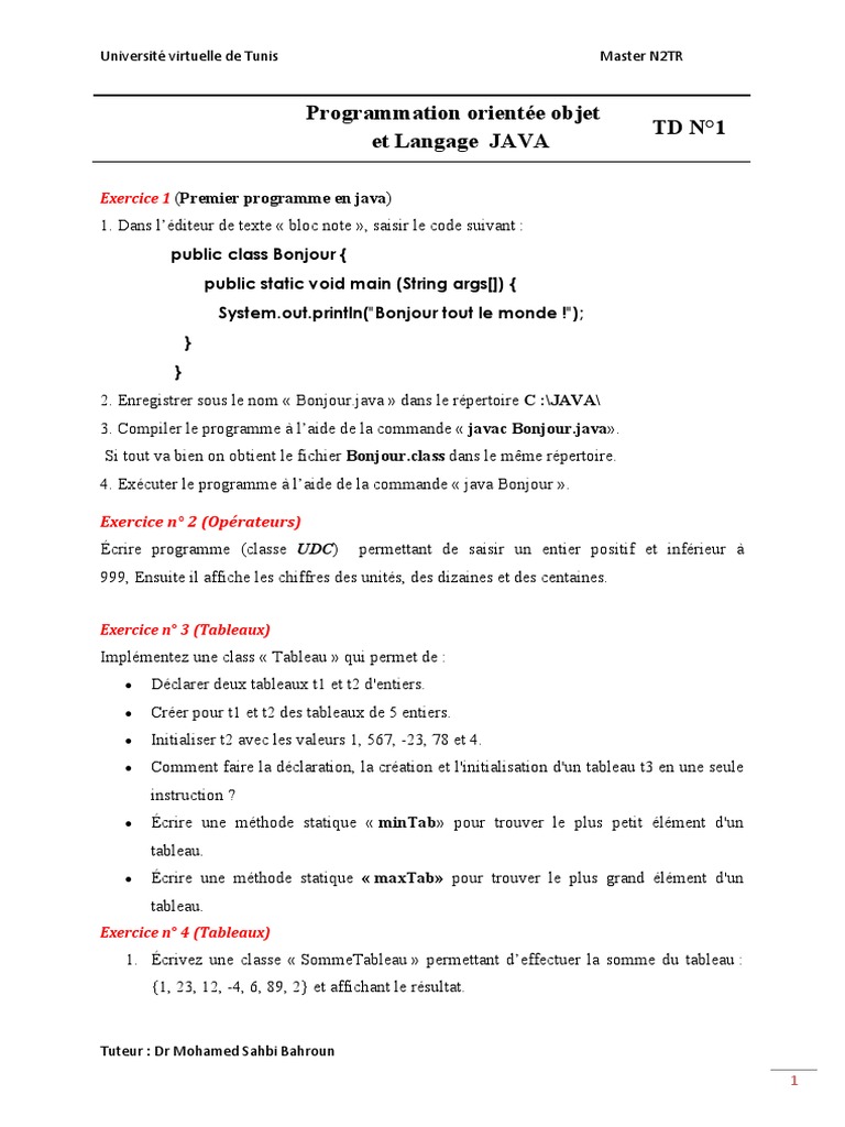 Programmation Orientée Objet Et Langage JAVA TD N°1: Exercice 1 | PDF | Java (Langage de ...