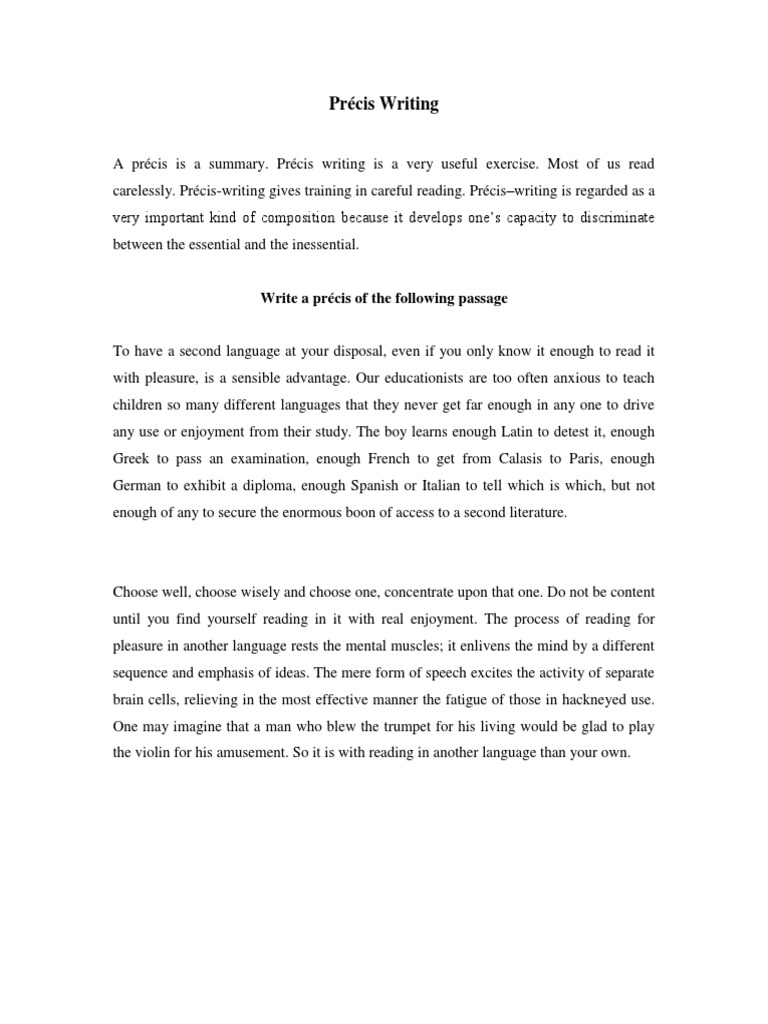 Précis Writing: Write A Précis of The Following Passage | PDF