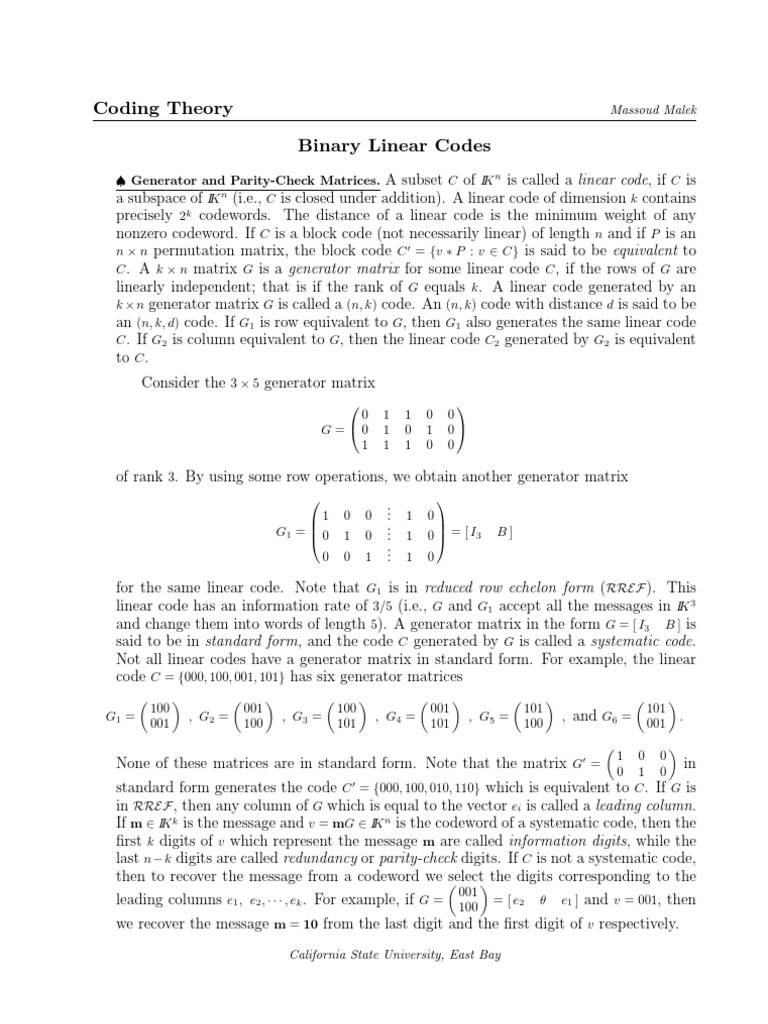 Coding Theory Binary Linear Codes | Download Free PDF | Matrix (Mathematics) | Naming Conventions