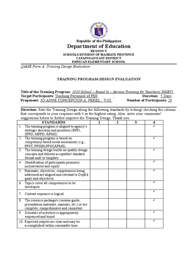 Department of Education: QAME Form A: Training Design Evaluation | PDF ...