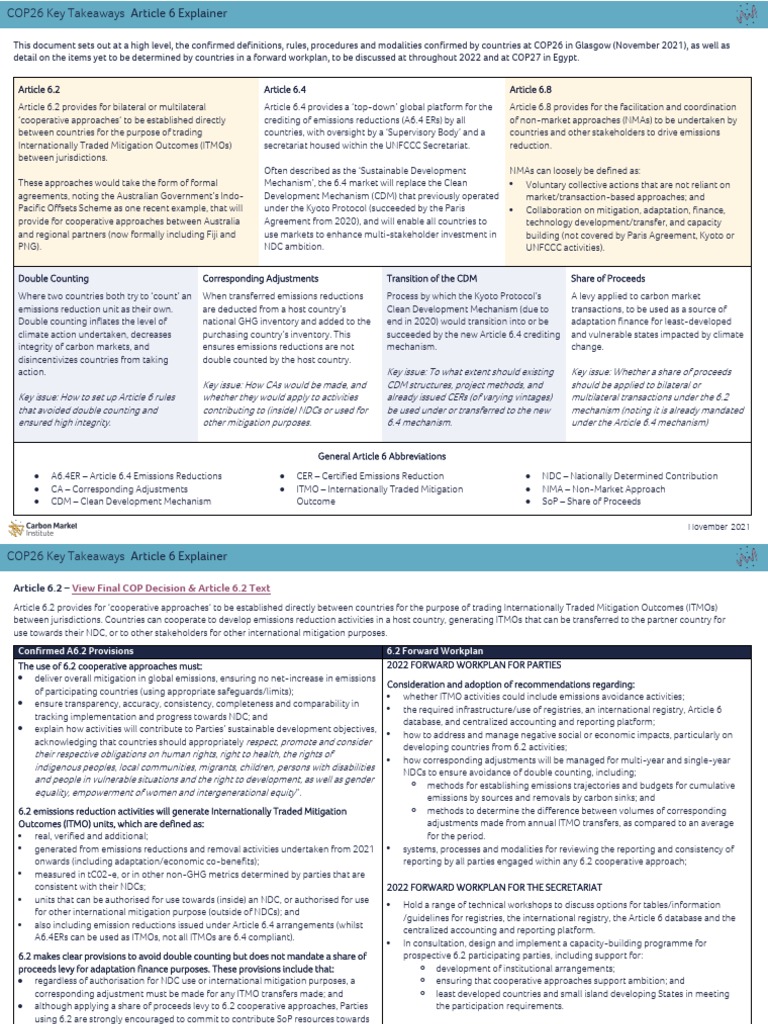 COP26 Glasgow Article 6 Explainer | PDF | Clean Development Mechanism ...