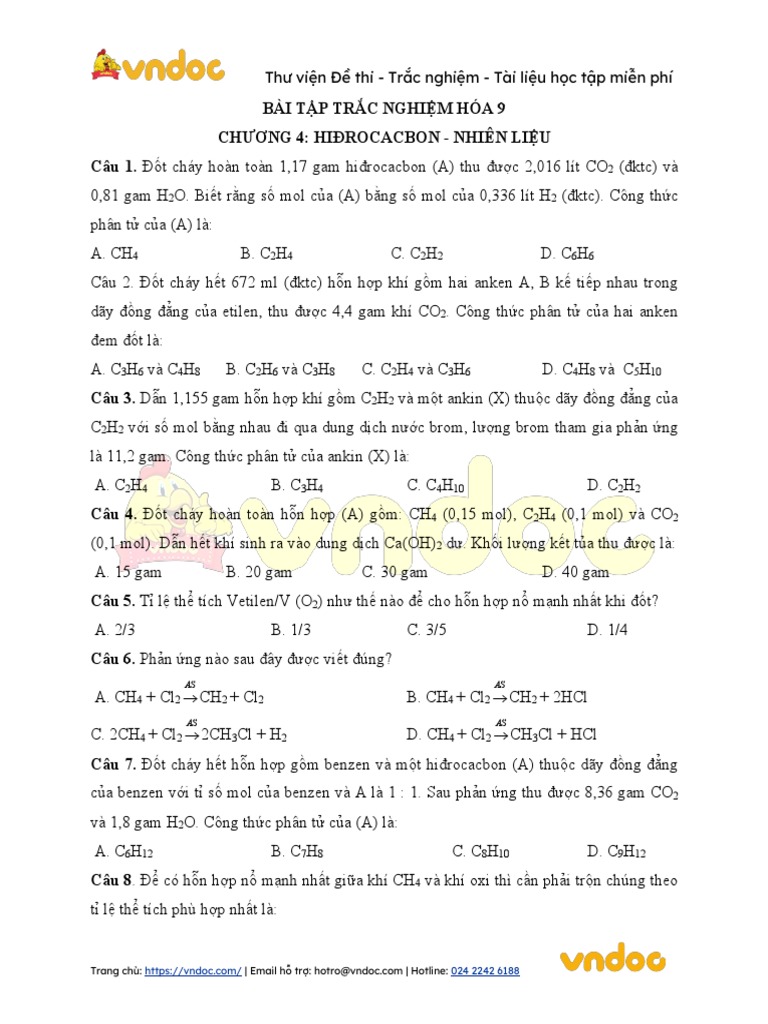 Trac Nghiem Hoa 9 Chuong 4 Hidrocacbon Co Dap An | PDF
