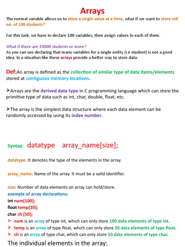 Arrays: Store A Single Value at A Time Store Roll No. of 100 Students? | PDF | Integer (Computer ...
