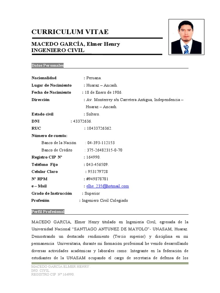 Curriculum de Henry CIP | Descargar gratis PDF | Ingeniero civil ...
