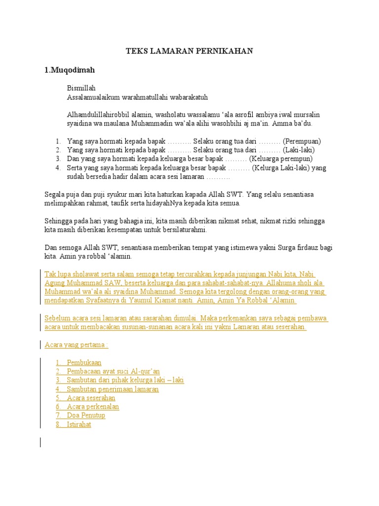 Teks Lamaran Pernikahan 1.muqodimah | PDF