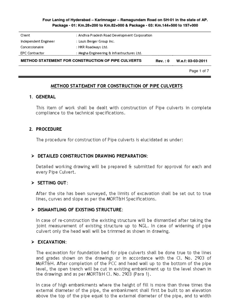 Pipe Culvert Construction Method Statement | PDF | Concrete | Pipe ...
