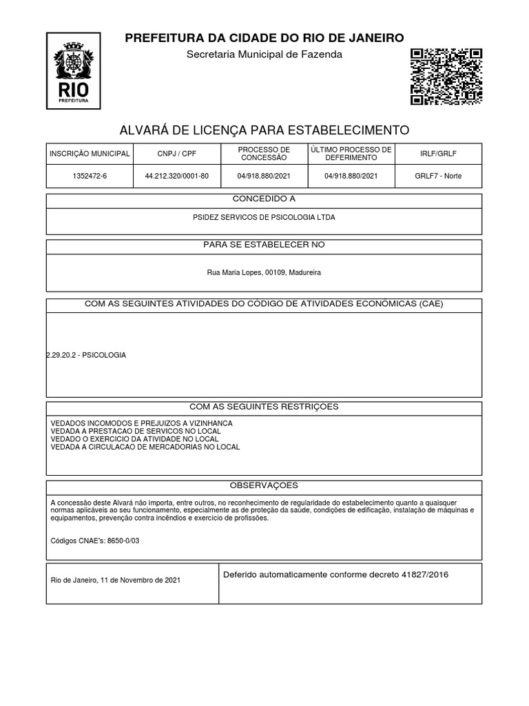 Alvará de Licença para Estabelecimento | PDF