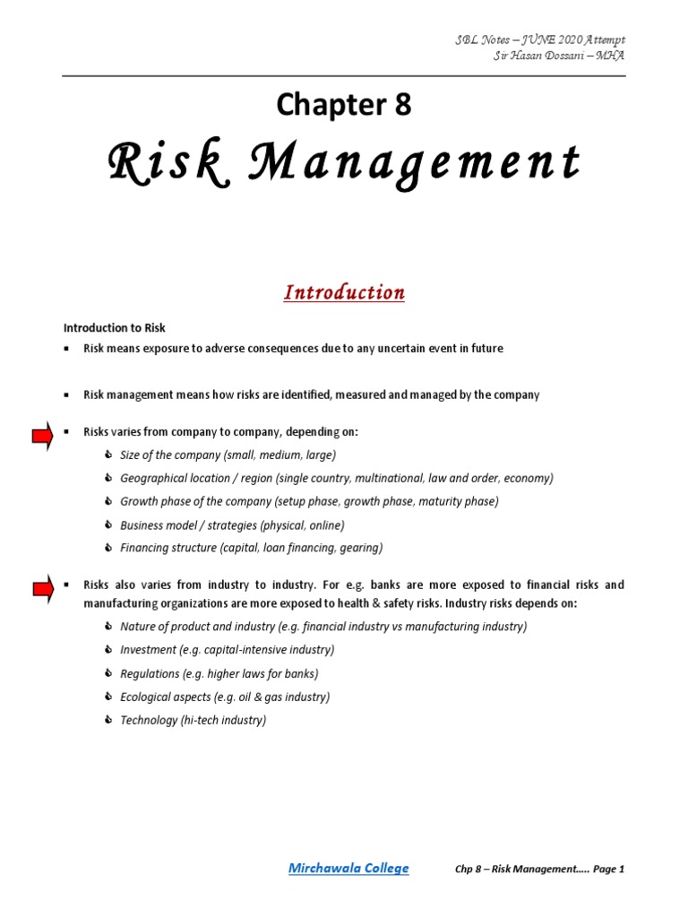 CHP 8 - Risk (SBL Notes by Sir Hasan Dossani) | PDF | Risk | Risk ...