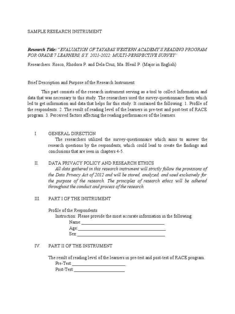 Sample Research Instrument Template | PDF | Cognitive Science ...