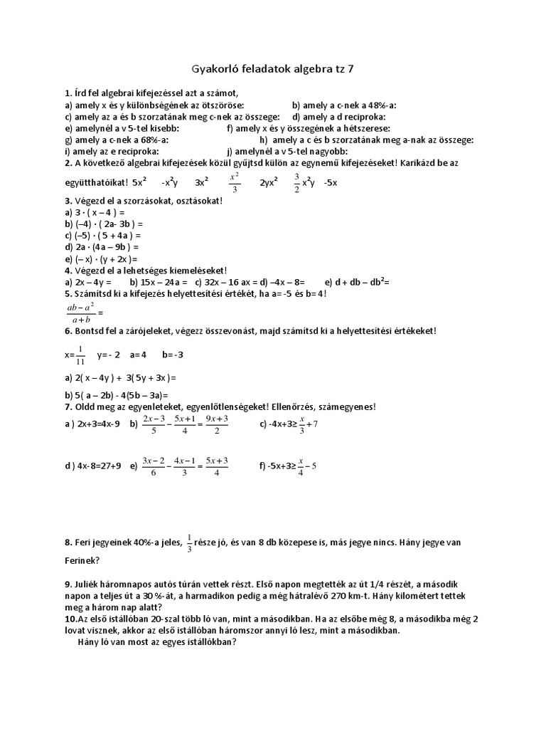 Gyakorló Feladatok Algebra TZ 7 - 1587624767 | PDF