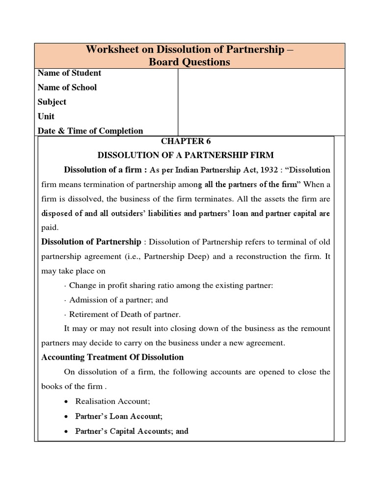 Worksheet On Dissolution of Partnership - Board Exam Questions | PDF ...