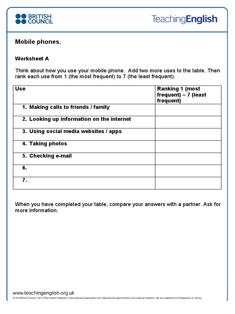 Mobile Phones.: Worksheet A | PDF | Communication