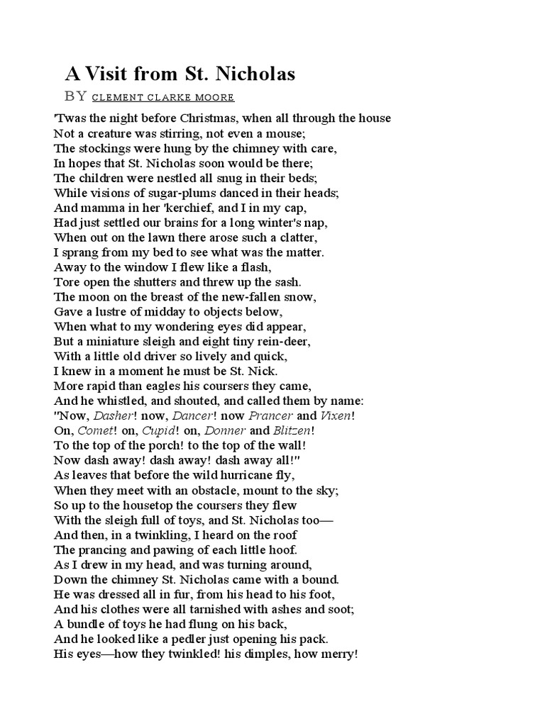 A Visit From St. Nicholas: Clement Clarke Moore | PDF | Santa Claus's Reindeer | Christmas ...