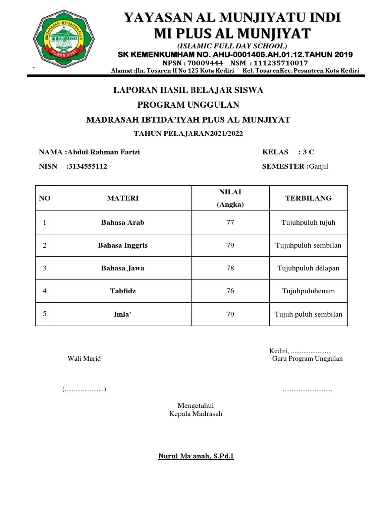 Format Raport Pro. Unggulan Kelas 3 | PDF