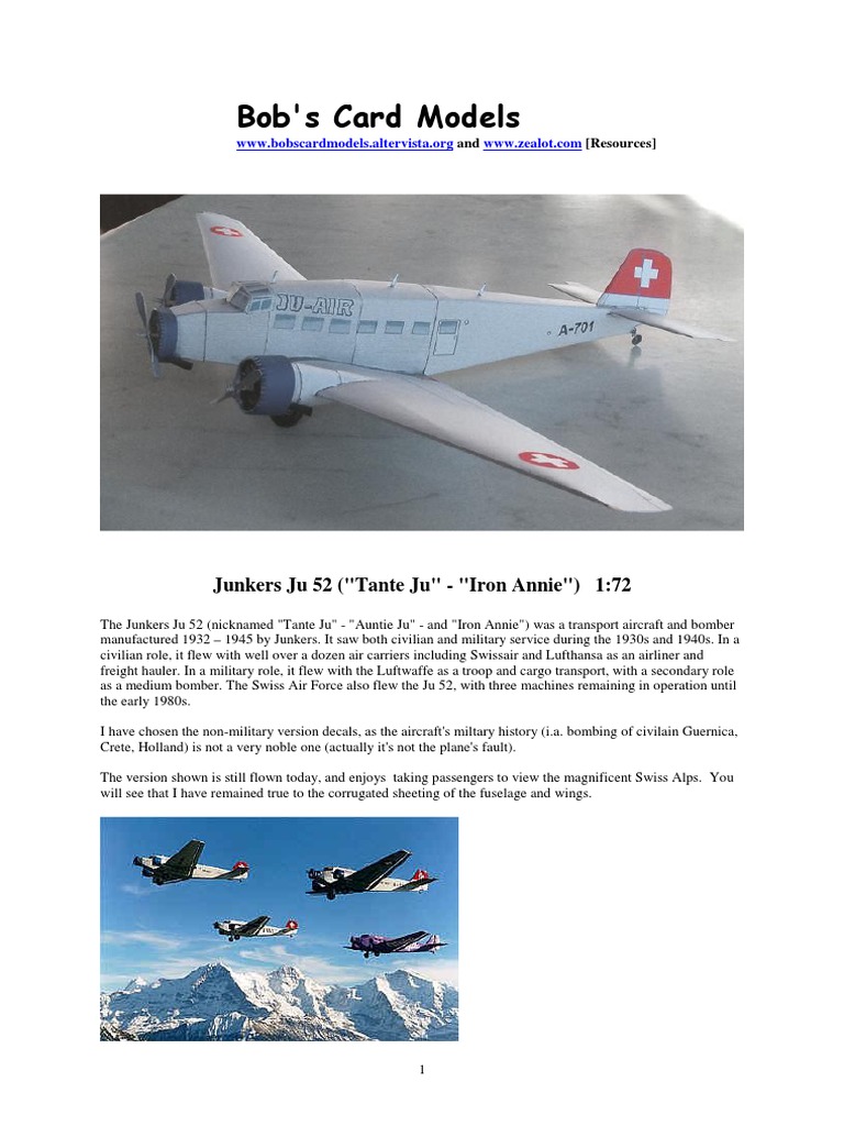 Bob's Card Models: Junkers Ju 52 ("Tante Ju" - "Iron Annie") 1:72 | PDF ...