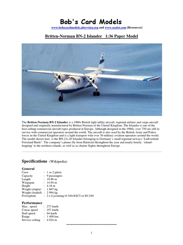 Bob's Card Models: Britten-Norman BN-2 Islander 1:36 Paper Model | PDF ...