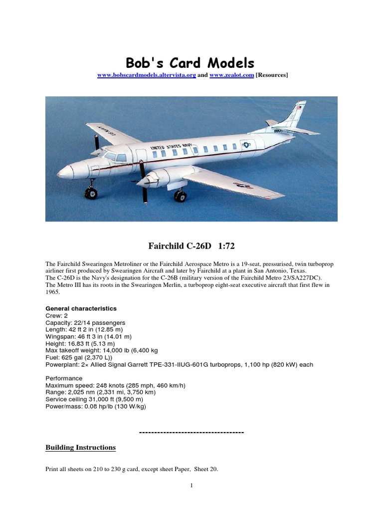 Bob's Card Models: Fairchild C-26D 1:72 | PDF | Aircraft | Aircraft ...