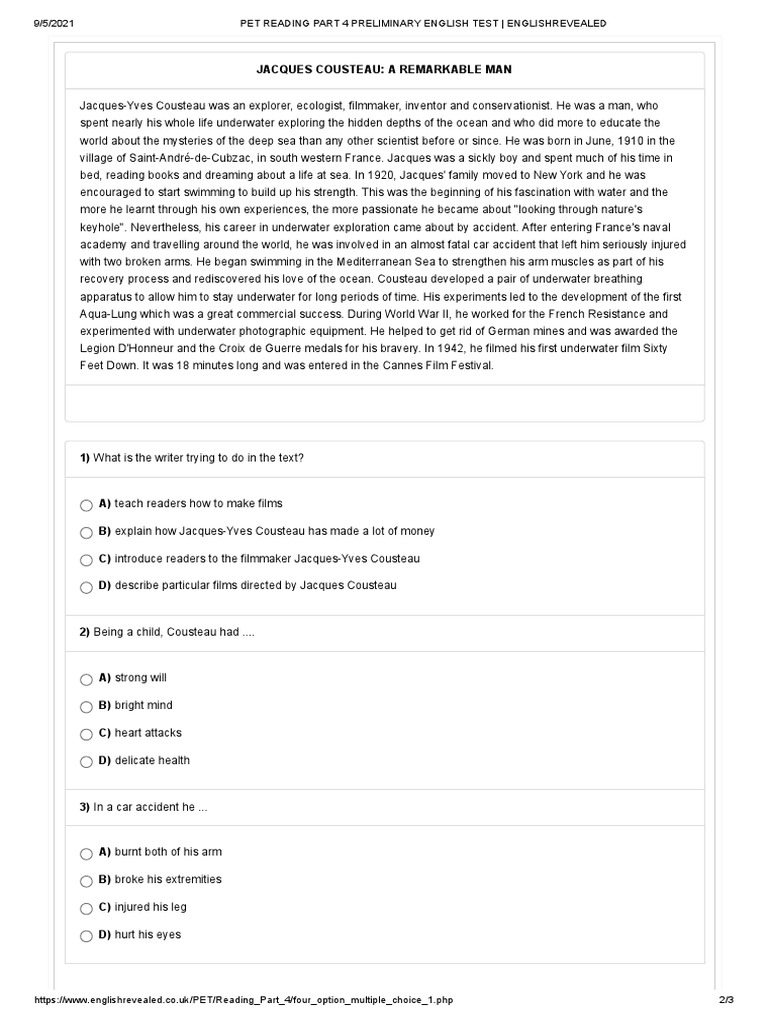 Pet Reading Part 4 Preliminary English Test - Englishrevealed ...