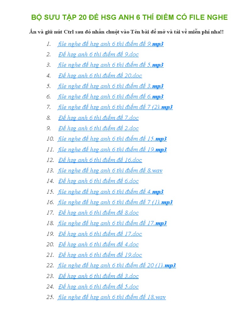 BỘ 20 ĐỀ HSG ANH 6 THÍ ĐIỂM CÓ FILE NGHE | PDF