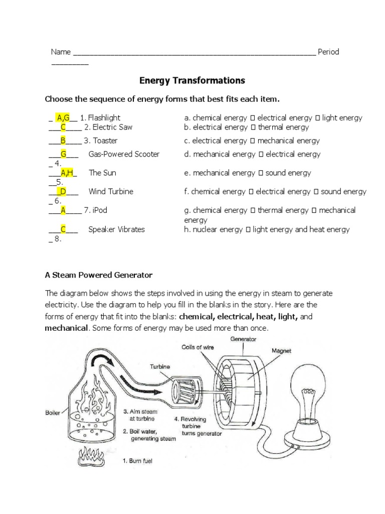 Energy Transformation Worksheet 1 | PDF