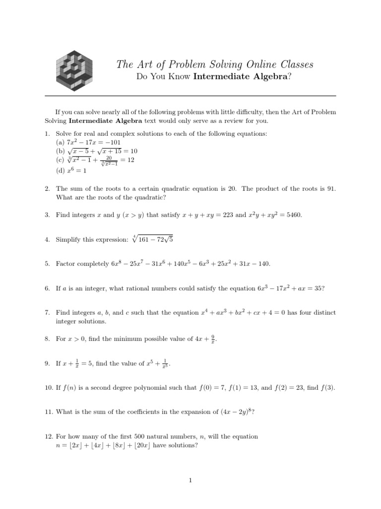 AoPS Post Test Intermediate Algebra | PDF