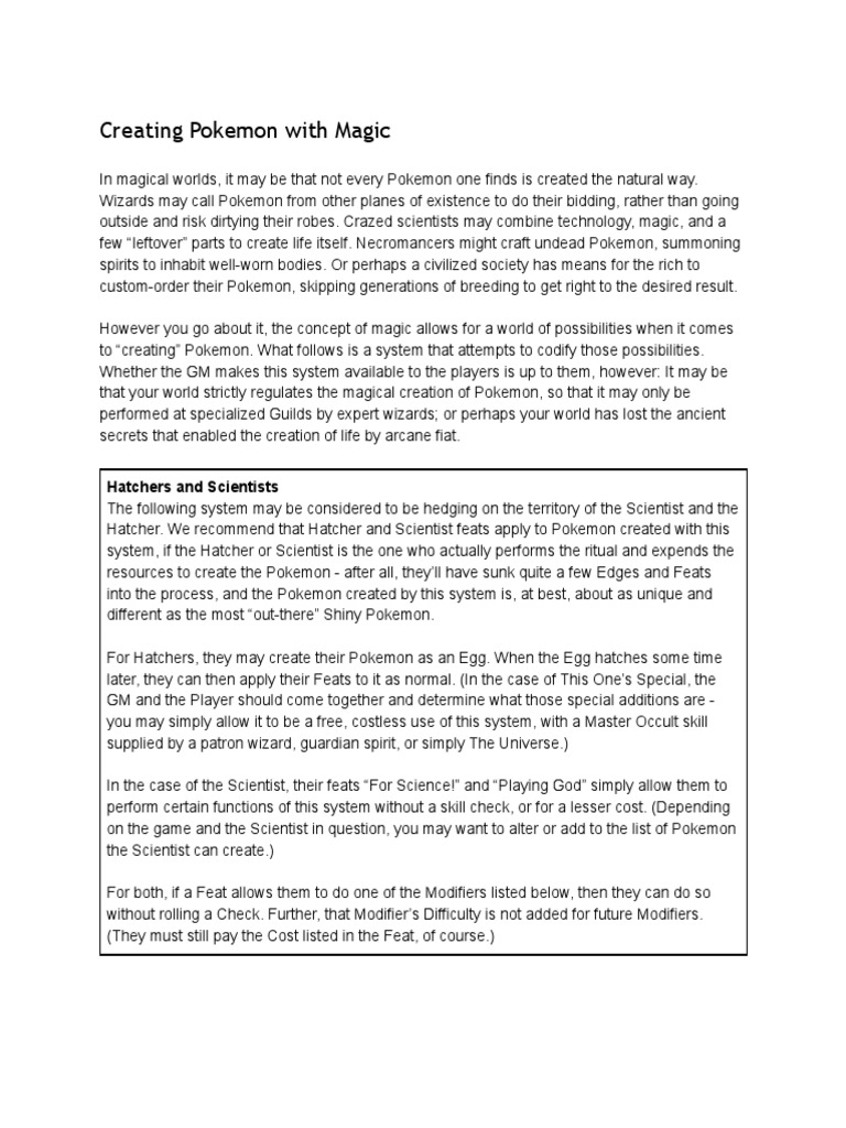 PTU Creating Pokemon With Magic | PDF | Role Playing Games