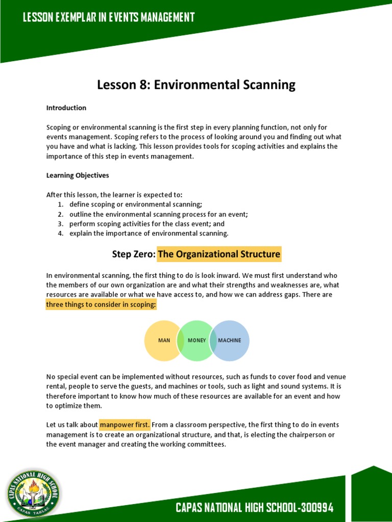 Lesson 8 - Environmental Scanning | PDF | Feasibility Study | Swot Analysis
