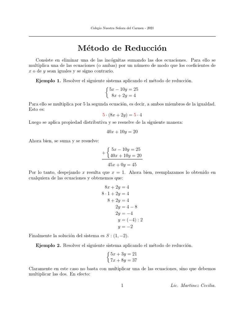 Reducción | PDF | Sistema de ecuaciones lineales | Ecuaciones